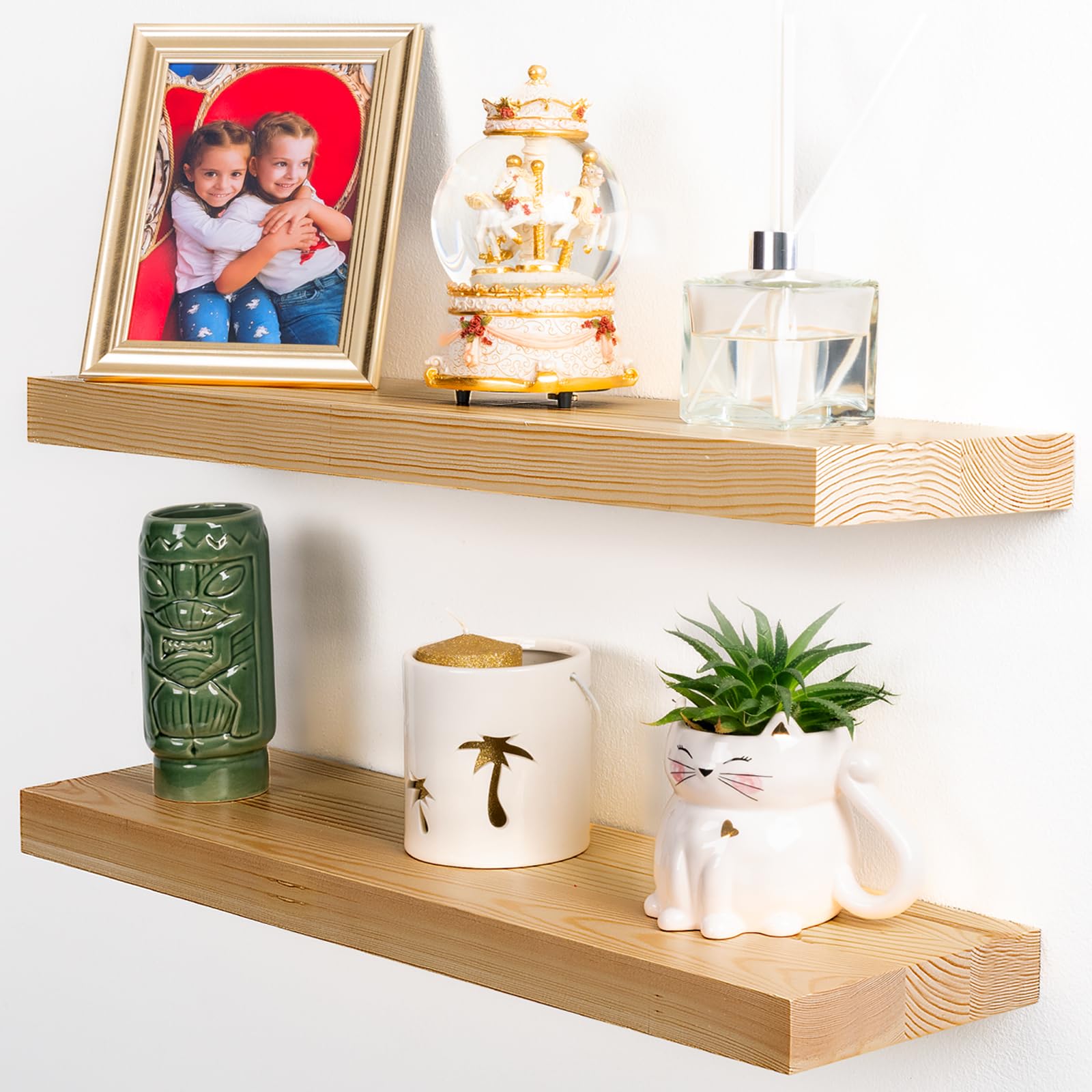 Amazon.com: 2 Pc Natural Pine Wooden Floating Shelves for Wall with No ...