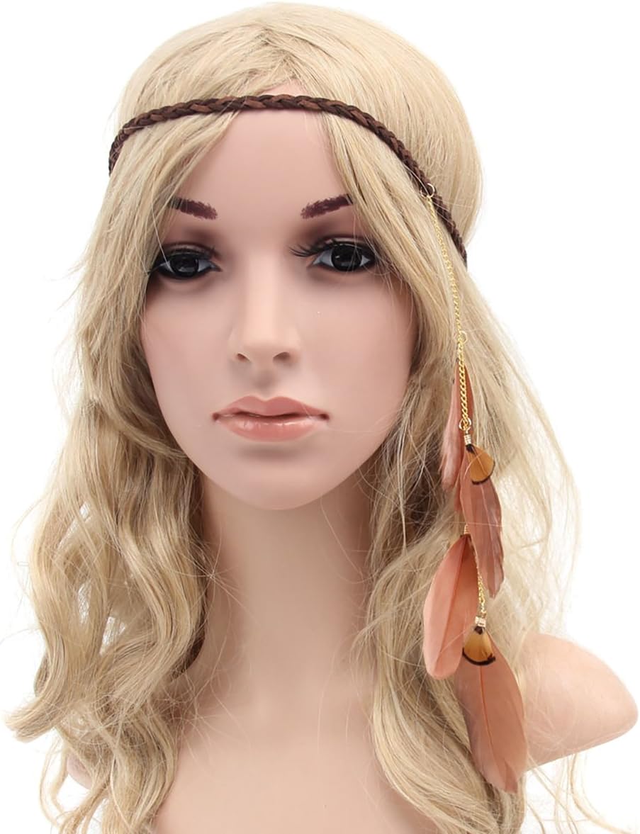 Amazon.com : GORTIN Boho Feather Headband Brown Indian Peacock Feather ...