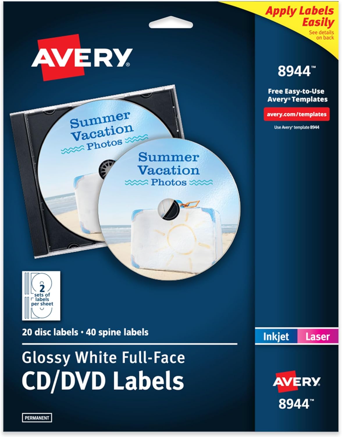 Avery Printable Full-Face CD Labels, Glossy White, Permanent Adhesive ...