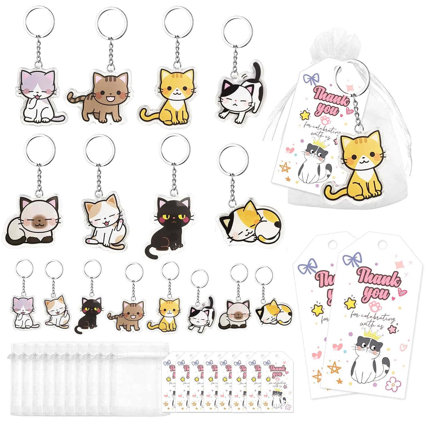 Buy JODIE 16 Pack Cat Party Favors Include Cat Keychains Organza Bags ...