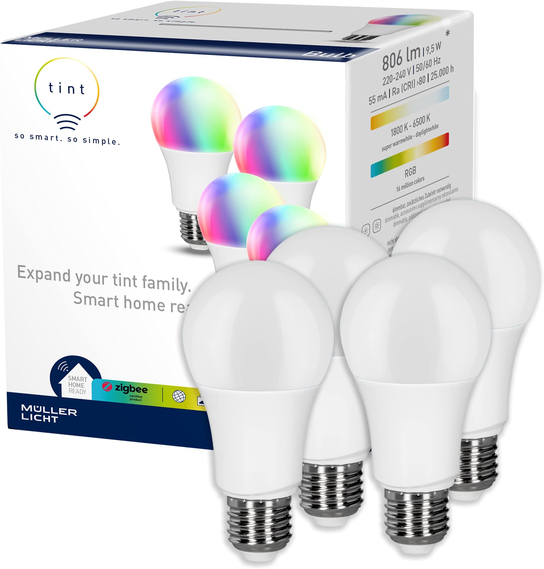 tint von Müller-Licht 4er-Set Smarte LED Lampen E27, Birnenform, white ...