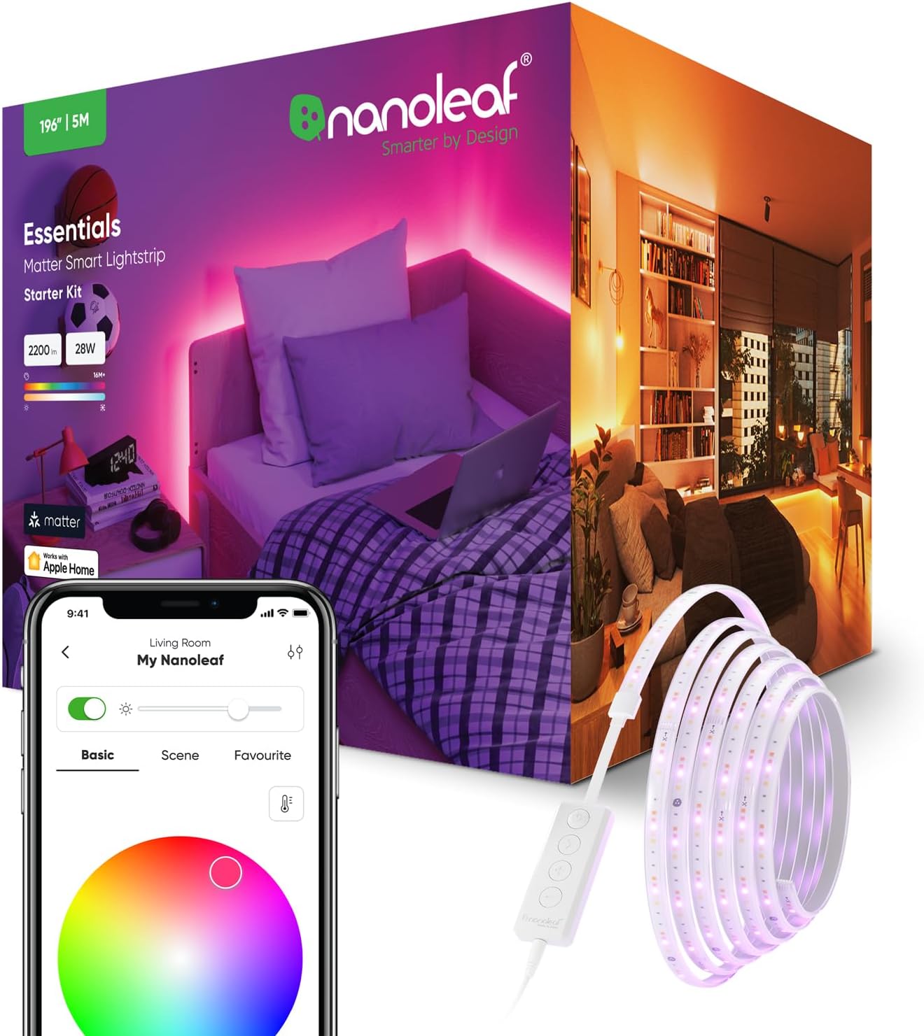Nanoleaf Matter Essentials Lightstrip Starter Kit, 5M Smart RGBW LED ...