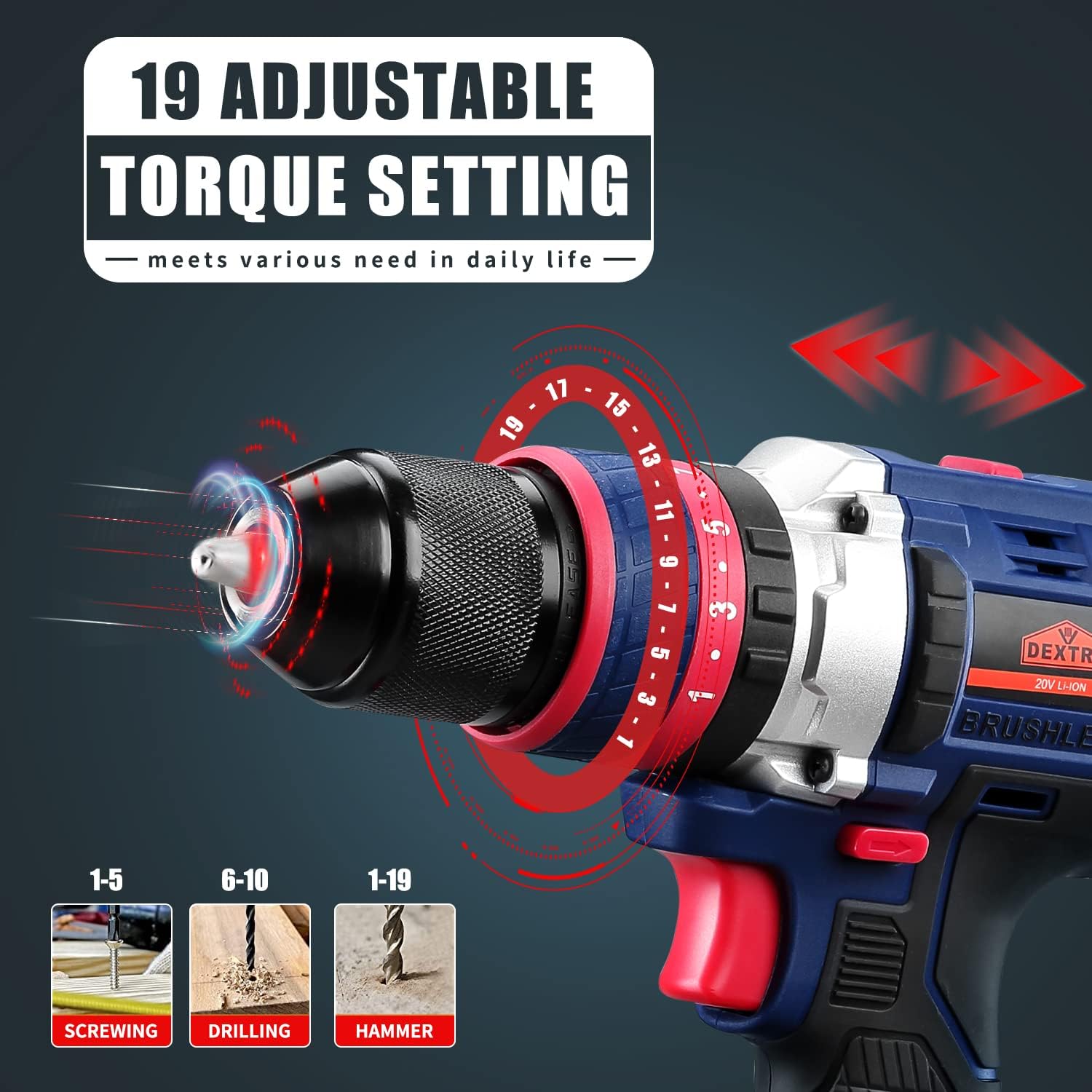 Buy 20V Brushless Hammer Drill, Dextra Cordless 1/2 Drill Driver Kit ...