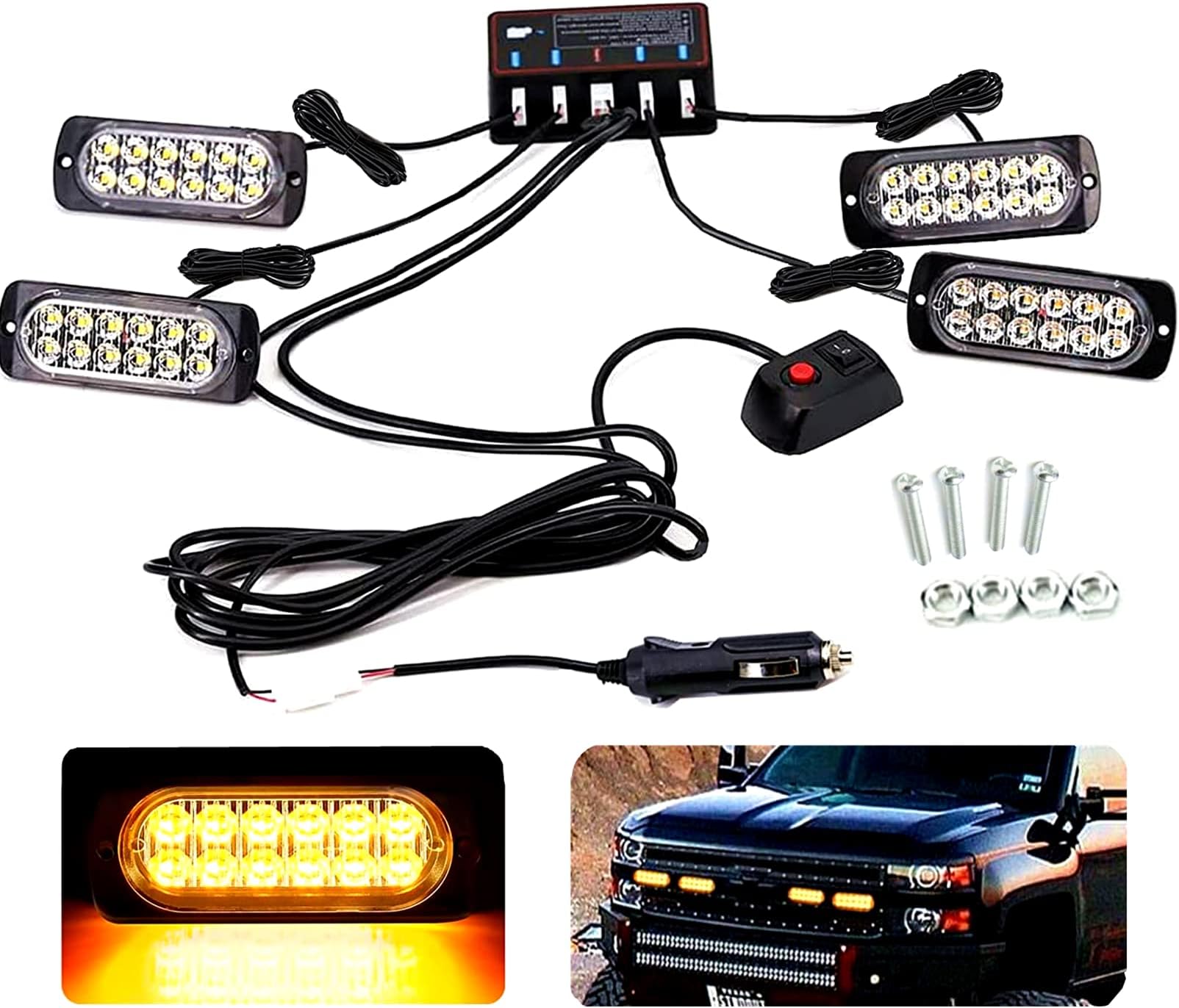 4PCS 24 LED Emergency Strobe Lights Kit 12V 24V 16W Wireless Amber ...