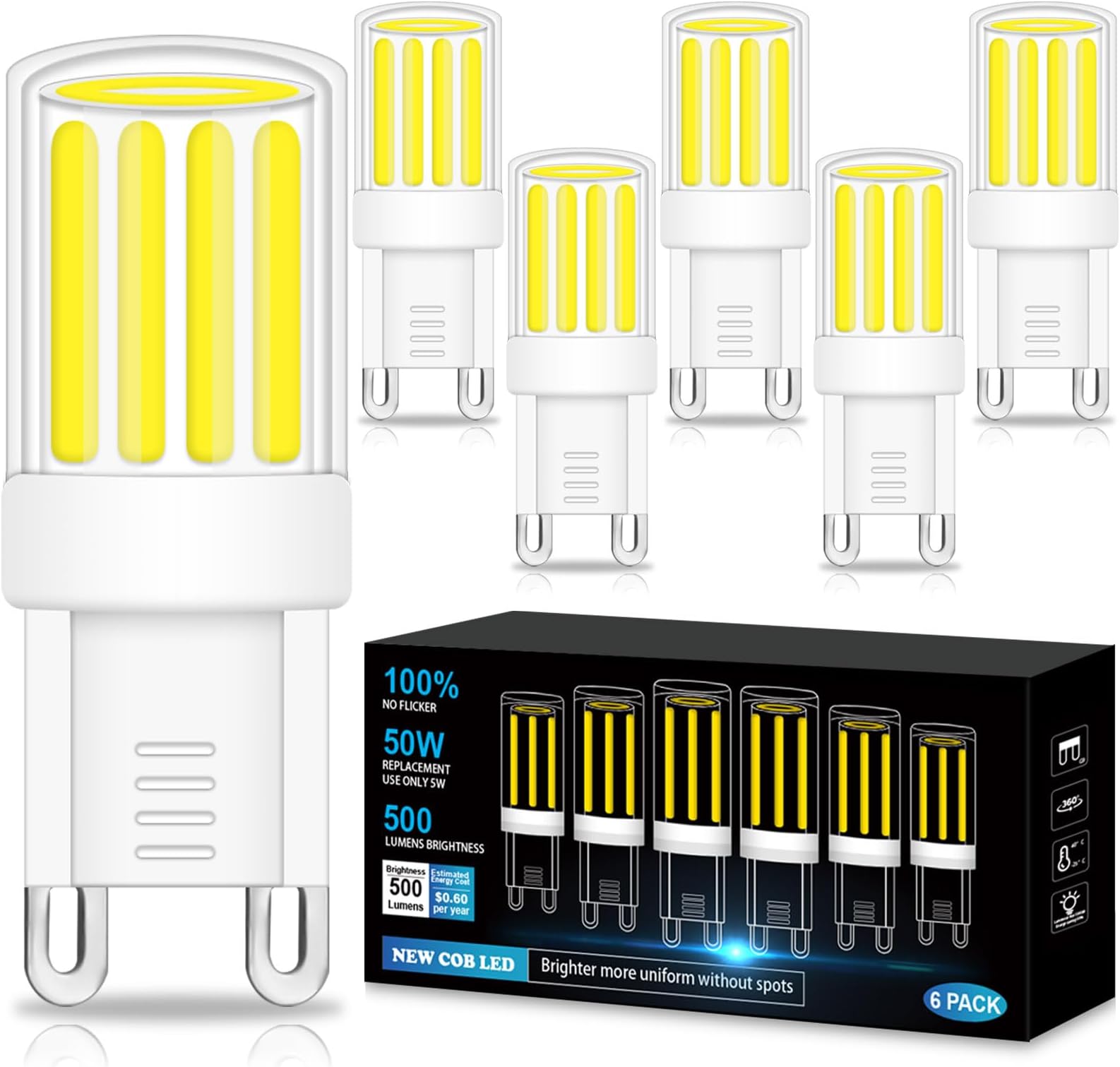 Amazon.com: G9 LED Bulb, 6 Pack COB LED Light Bulb 6000K Daylight White 500LM 5W G9 Bulb 40W 50W ...