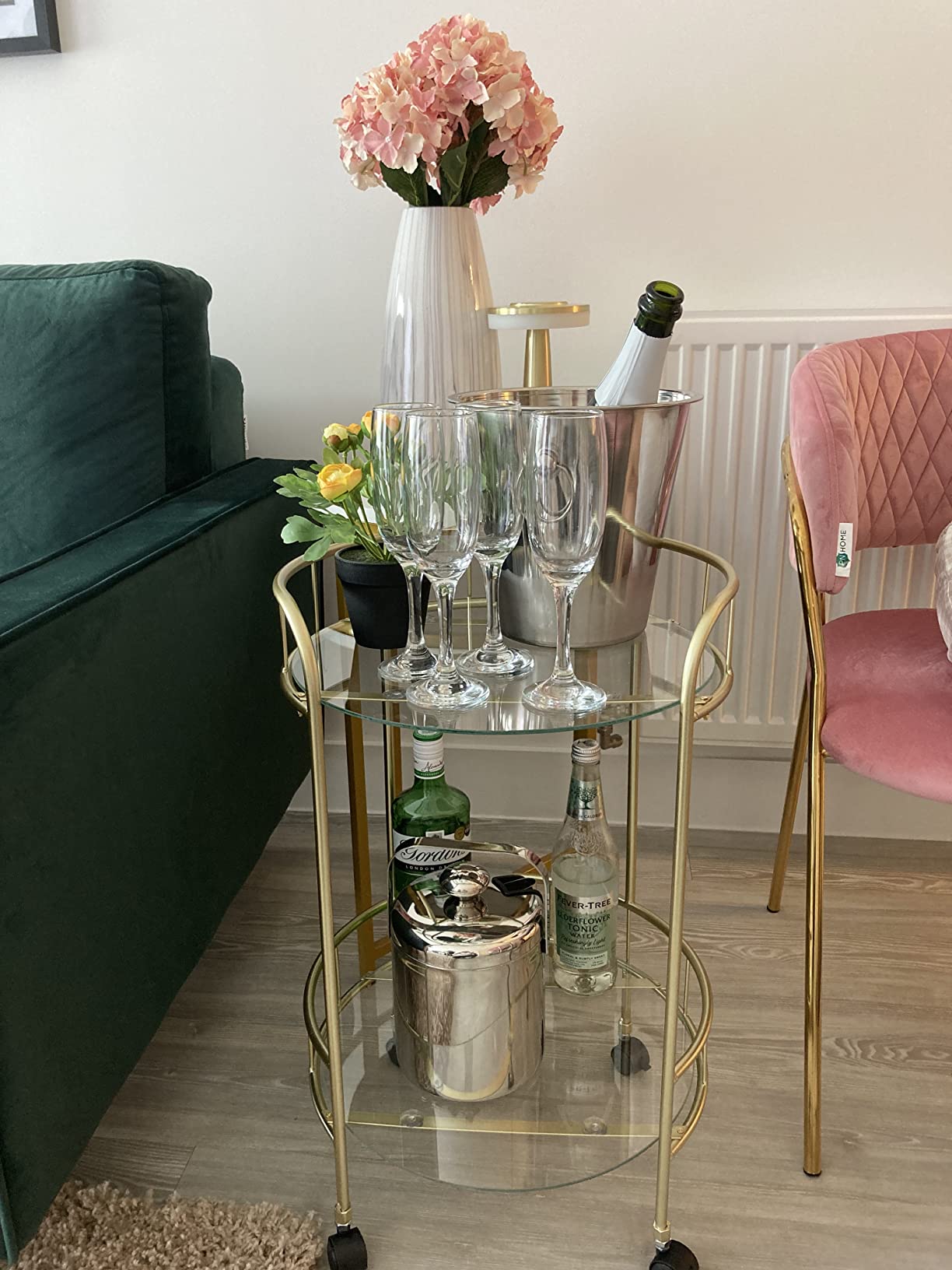 Drinks Trolley Gold with Two Glass Shelves Mini Bar Cart Drinks Table ...