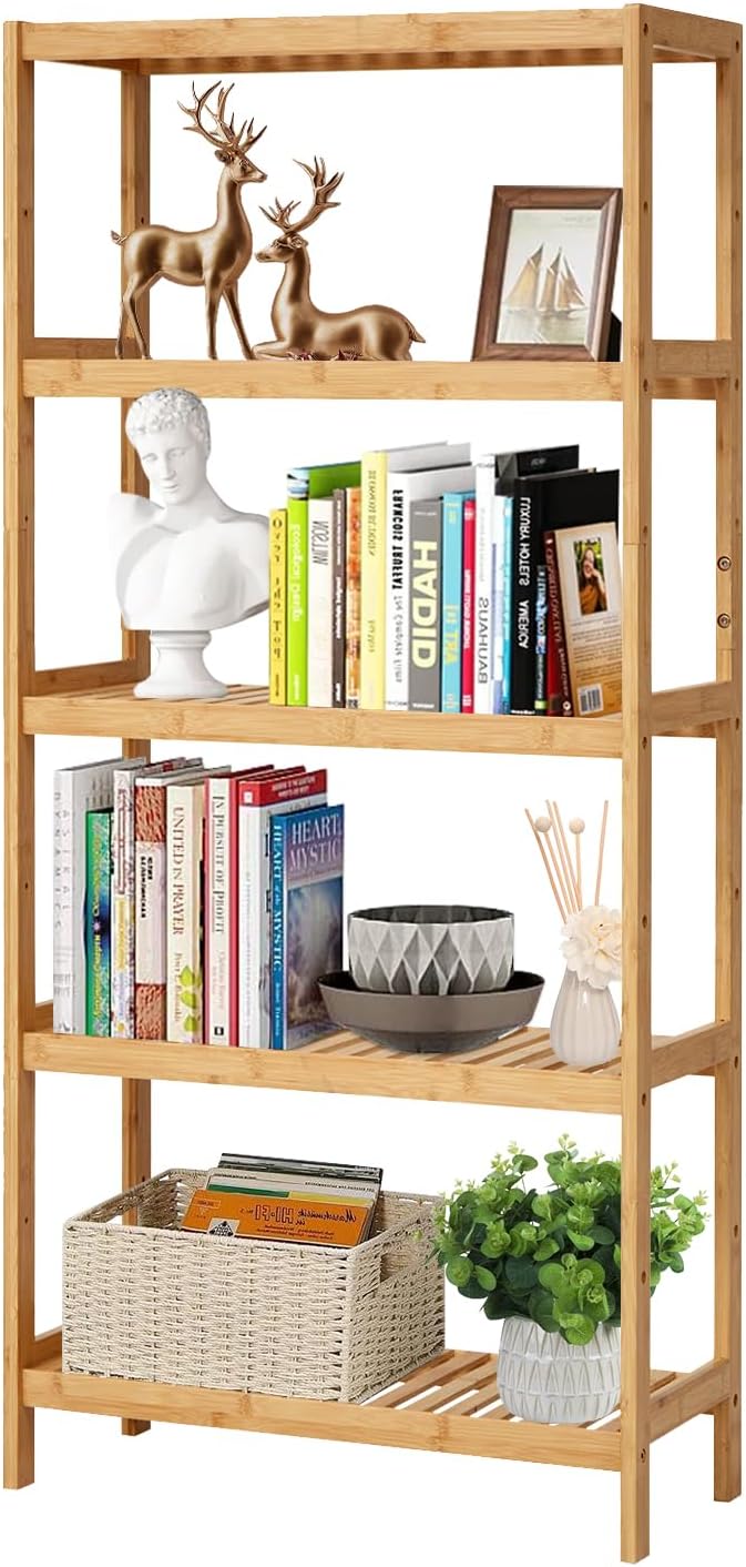 Amazon.com: Fotosok Bamboo Shelf Bookcase, Triple Wide Bookshelf with 4 ...