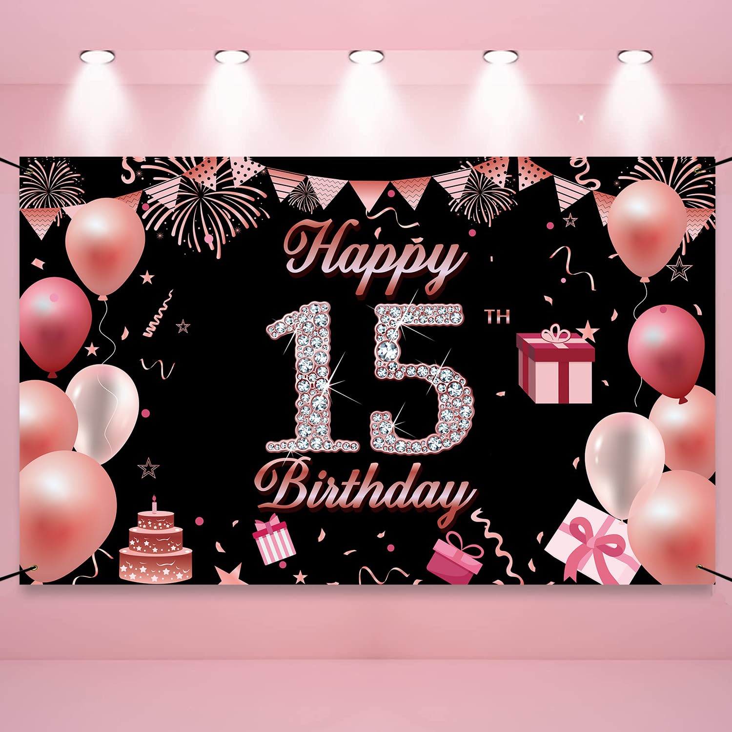 Amazon.com: Wiipenex Happy 15th Birthday Banner Black and Rose Gold ...