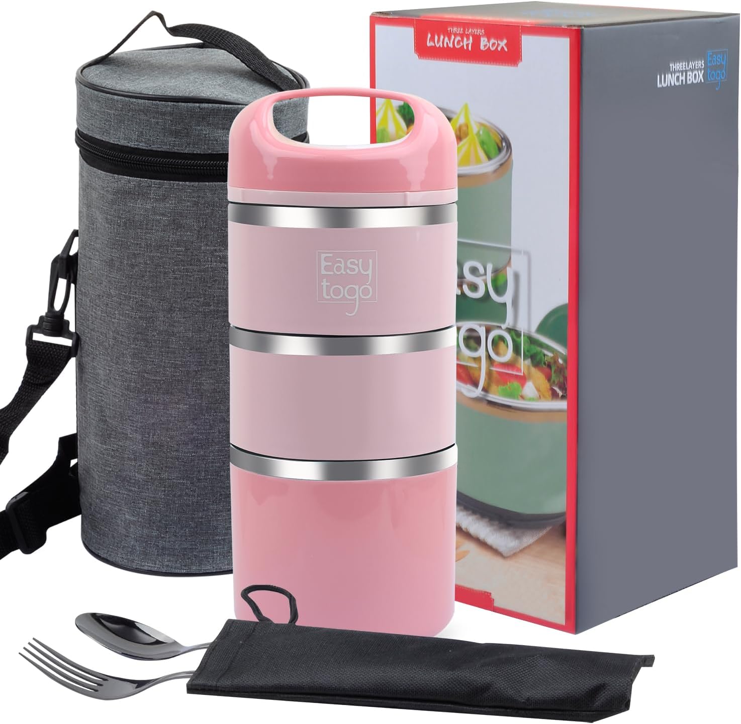 Amazon.com: Easy Togo 3 Tier Lunch Box 43Oz-Pink Stainless Steel Stackable Lunch Box with Lunch ...