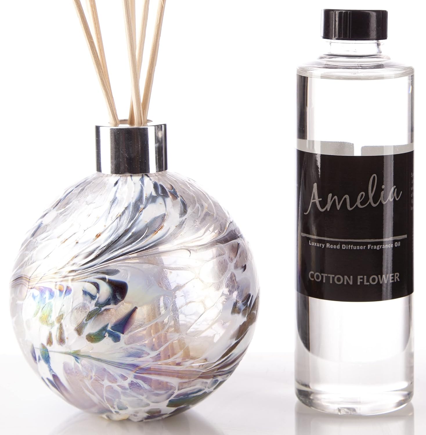Reed Diffuser Gift Set in White & Grey Frosted with Cotton Flower ...