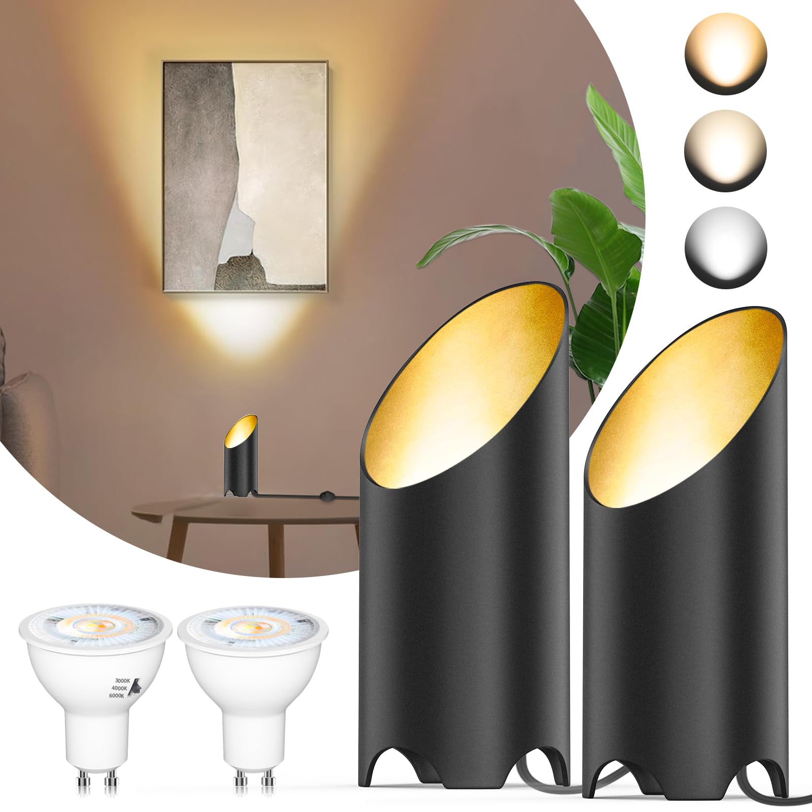 Yimaifunly 2 Pcs Uplighting Indoor Spotlight with GU10 Bulbs 3000K/4000K/6000K Adjustable, Up ...