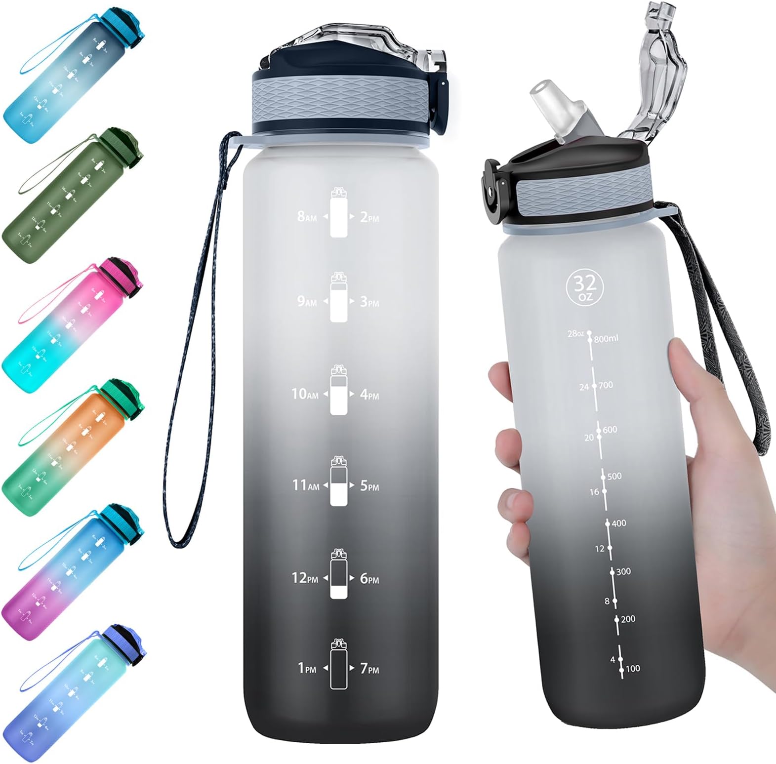 EYQ 1L Trinkflasche, Sportwasserflasche mit Stroh, Tritan BPA Free Water Flasche mit Zeitmarker ...