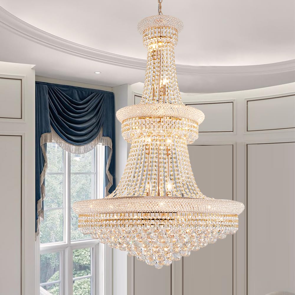 Large Gold Crystal Chandelier Light - Diameter 31.5", 3 Layers Ceiling ...