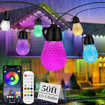 Gaoxun 50FT Outdoor String Lights, RGBW Patio Lights Dimmable with 15+1 ...