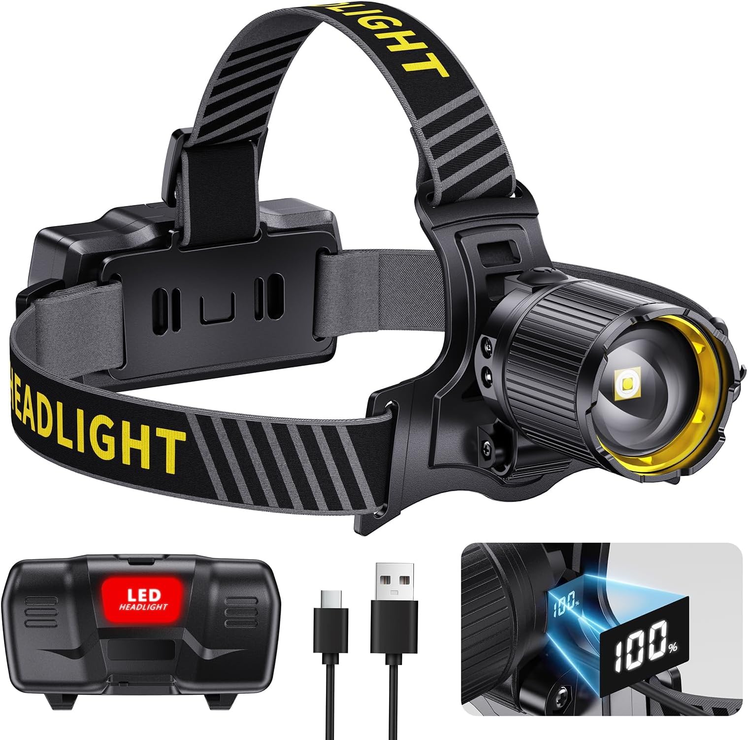 Amazon.com: YNYS led headlamp Rechargeable,6000mAh 2000 LM 60H Bright ...