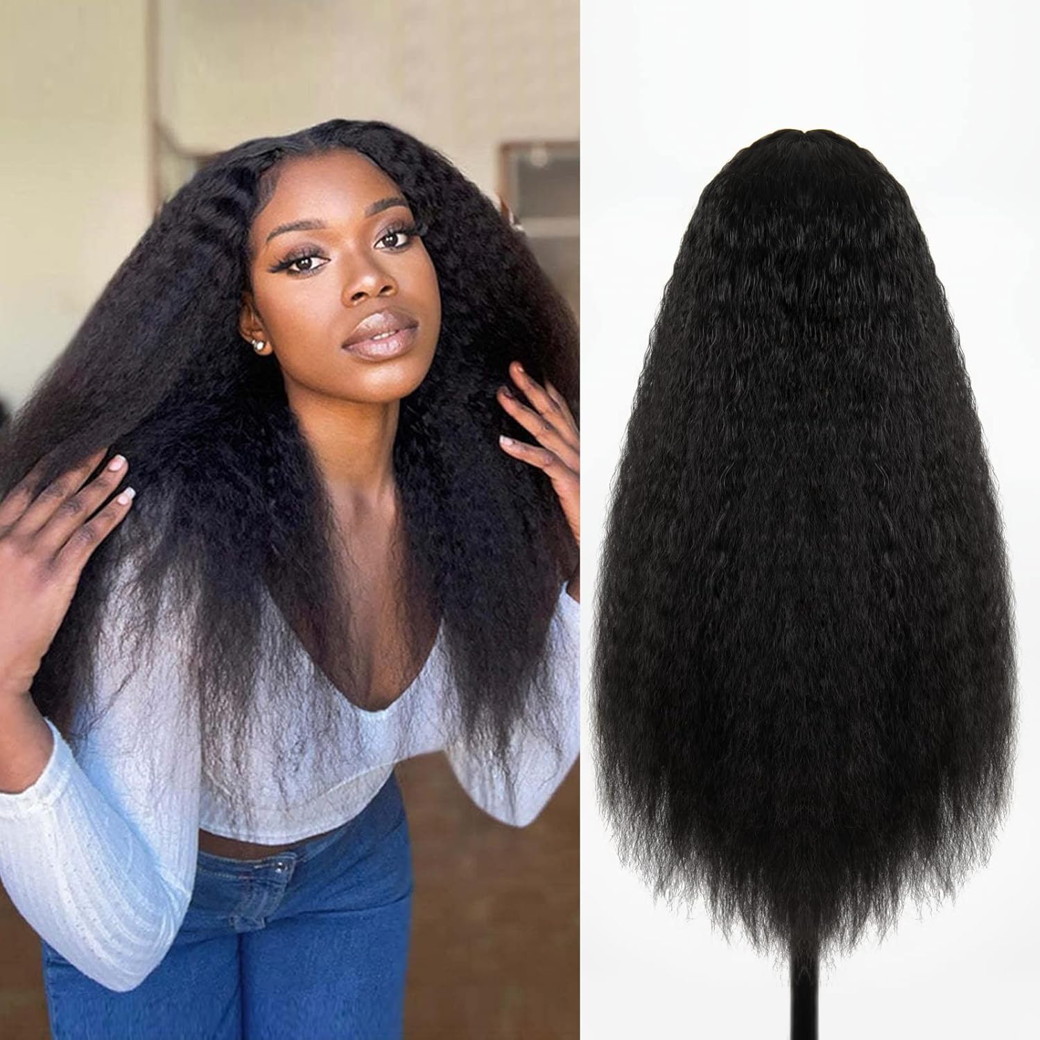 Amazon.com : GEFEIER Kinky Straight Wig 26 Inch Long Black Lace Front ...