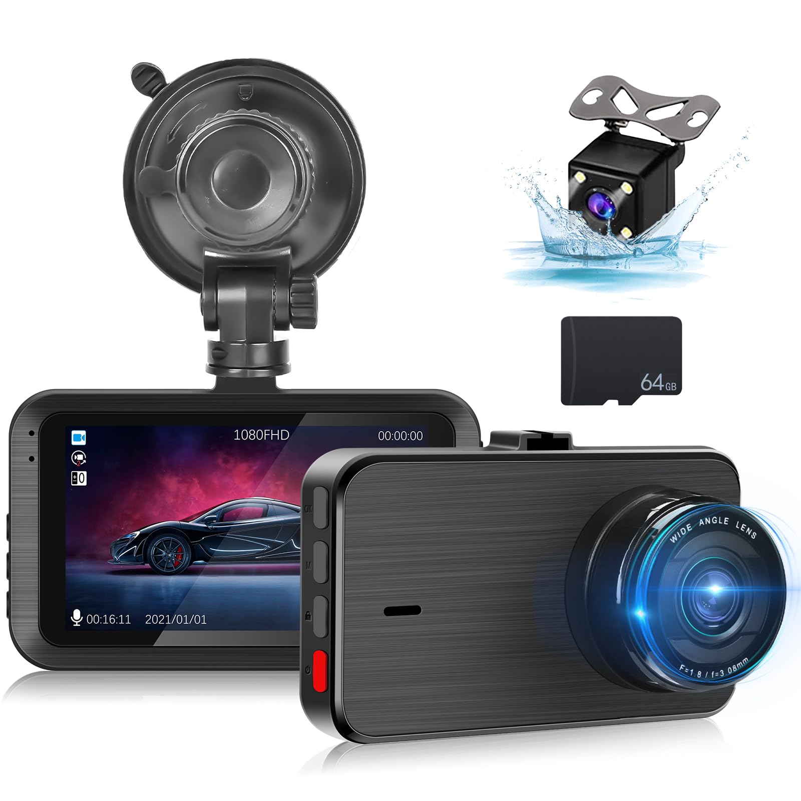 Amazon.com: Dash Cam Front and Rear - 3 inch IPS Screen 1080P Full HD ...