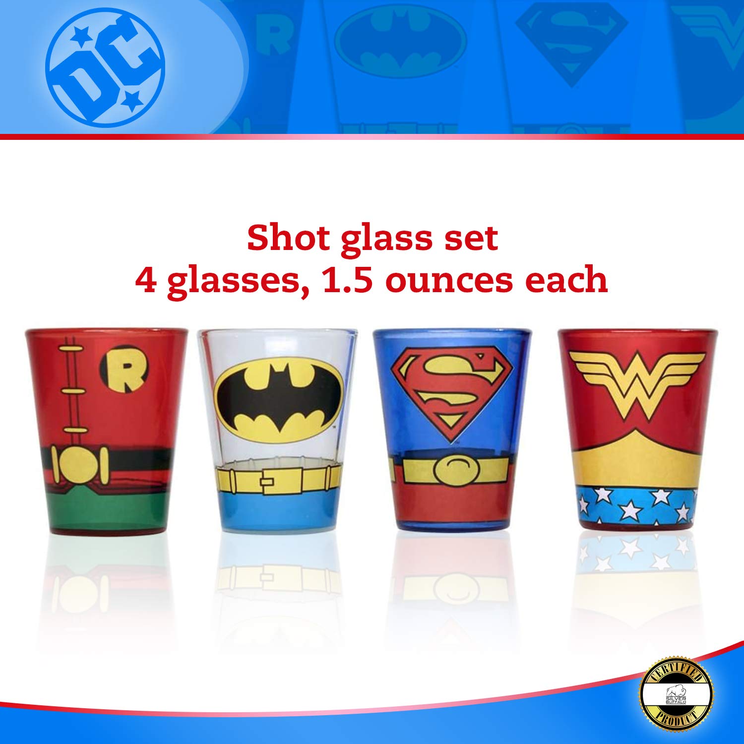 Snapklik.com : Silver Buffalo DC Comics Superhero Uniforms Mini Glass Set