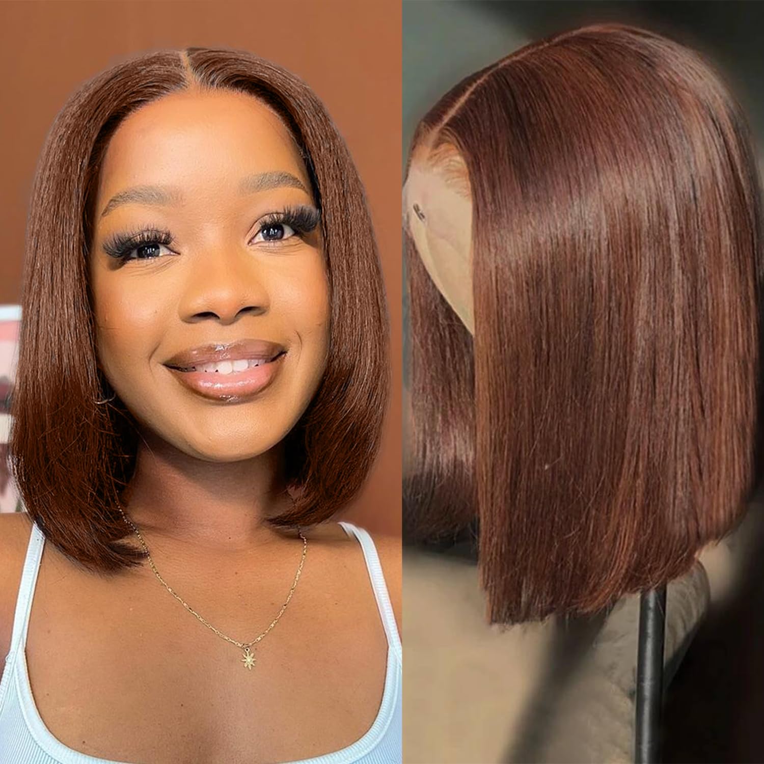 Amazon.com : FAKOT Bob Wig Human Hair Color #4 Chocolate Brown HD Lace ...