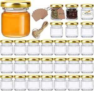 Amazon.com: Encheng 1.5oz Mini Glass Jars Bulk Set of 70,Round Small 45ml Honey Jars with Golden ...