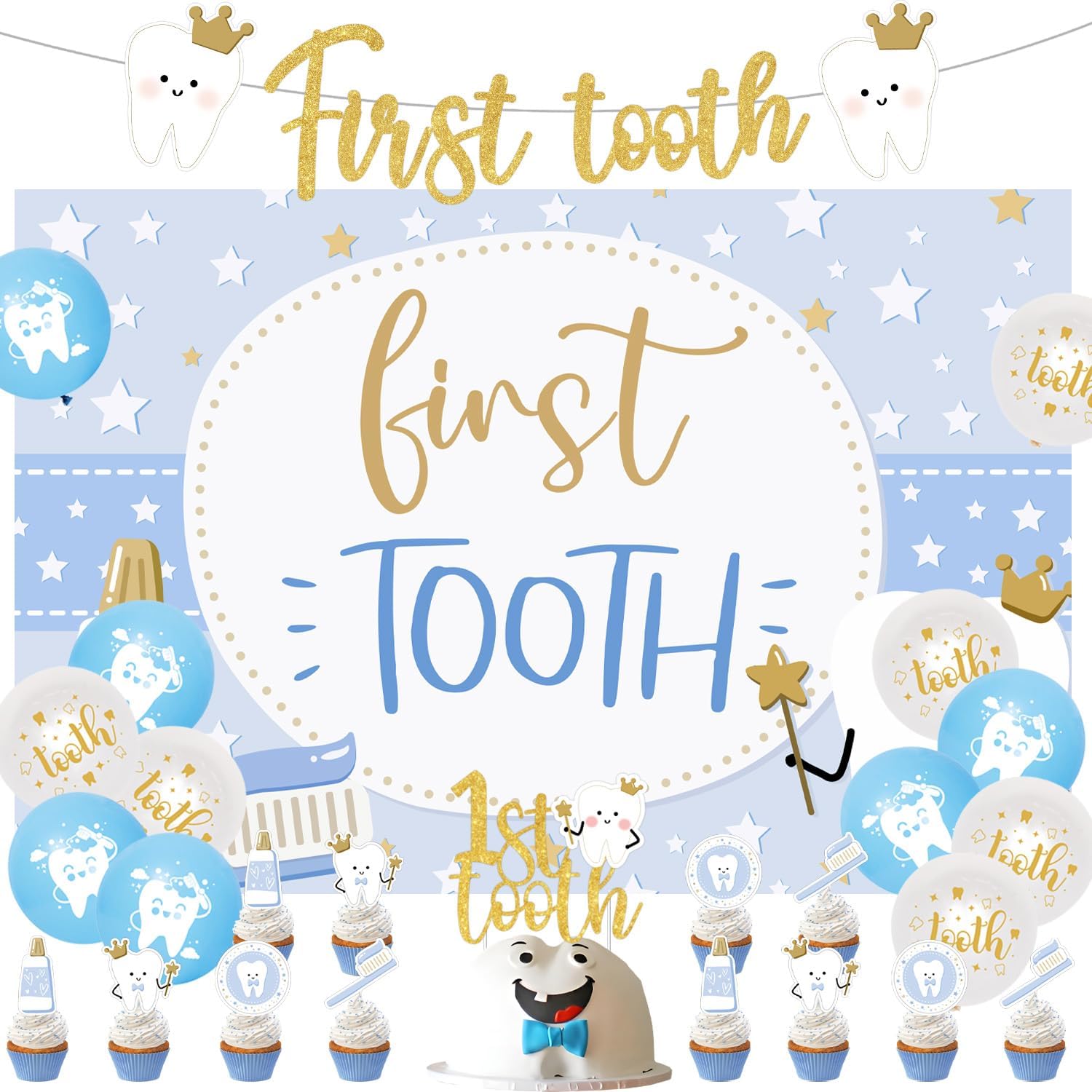 Amazon.com: First Tooth Themed Party Decorations Blue 1st Baby Tooth ...