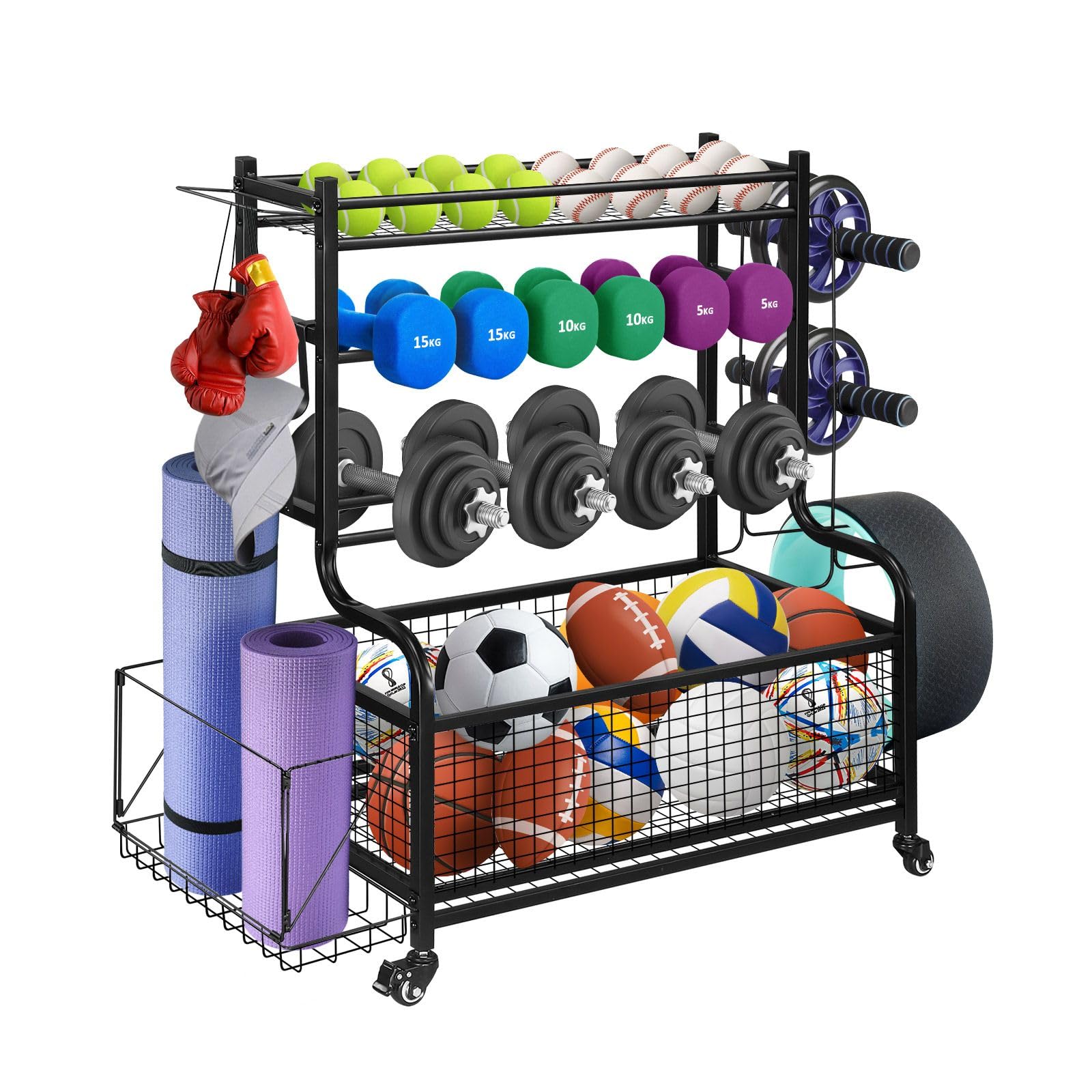 Sports Equipment Ball Storage Rack Cart Garage Organiser for Yoga Mat ...