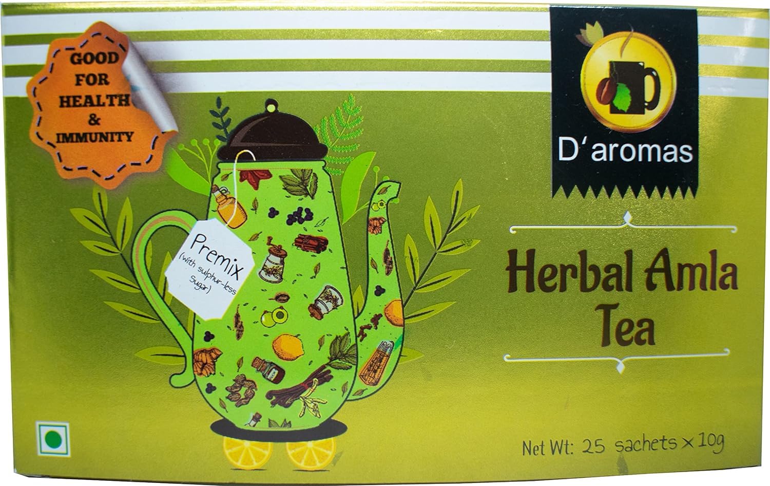 D'aromas Herbal Amla Green Tea 250g, (25 Sachetsx10gm) Instant Herbal ...