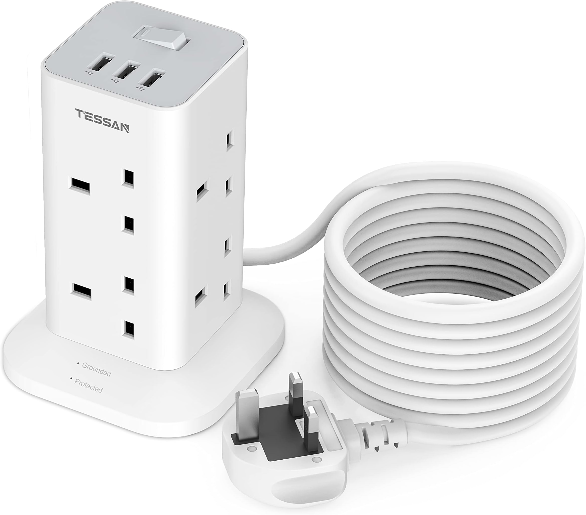 Tower Extension Lead 5M with 3 USB Slots, TESSAN 5M Extension Cable 8 ...