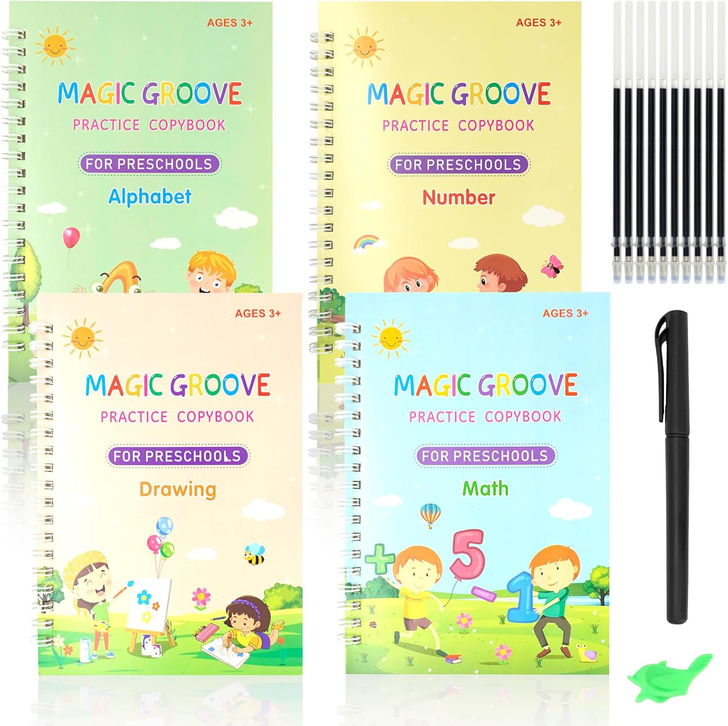 GOTFUN Pack of 4 German Magic Exercise Books with Pen Reusable Handwriting Magic Learning Books ...