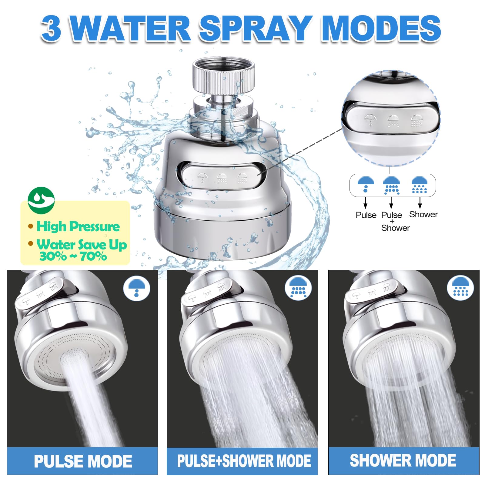 Robinet Pivotant Kitchen Tap Sprayer Extender - 3 Water Modes, Anti ...