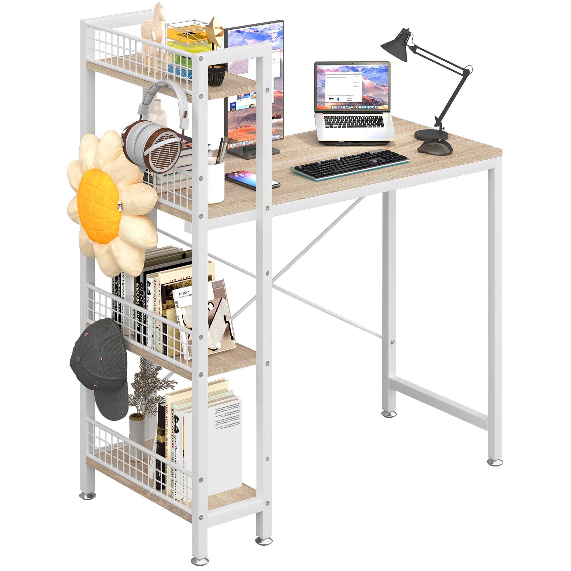 Amazon.com: 4NM 35" Small Computer Desk with 4-Tier Bookshelf and 8 ...