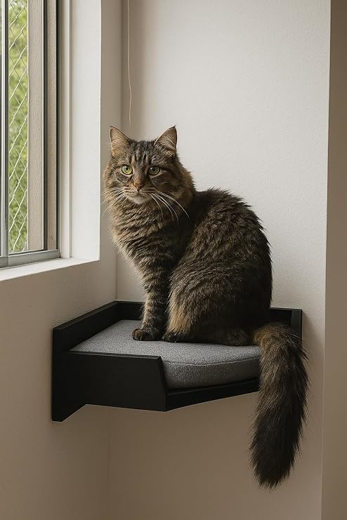 House of Meows Corner Cat Shelf for Cats, Black Wall Mount Perch ...