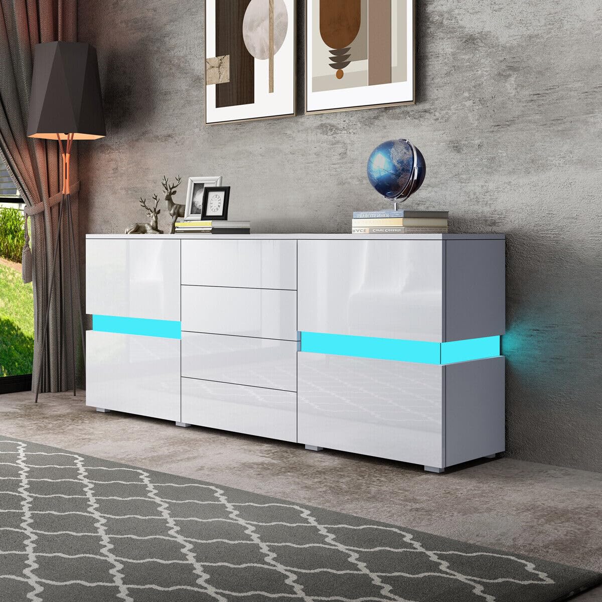 Modern LED Sideboard High Gloss Front TV Stand Storage Cabinet with 2 ...