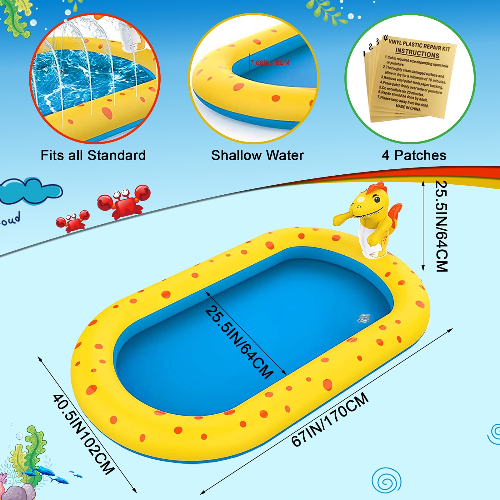 Snapklik.com : Inflatable Sprinkler Pool For Kids, Cute Dinosaur Kiddie ...