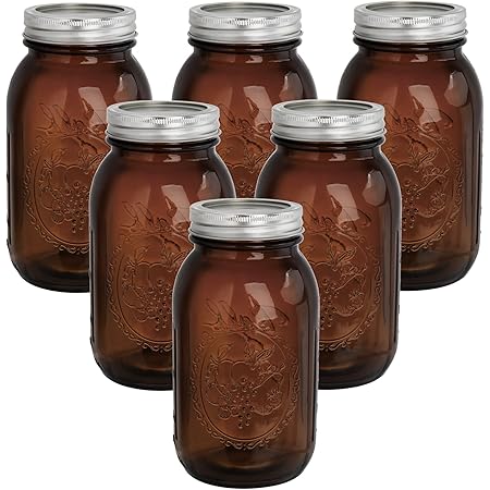 Amazon.com: eleganttime Amber Glass Mason Jars 32 oz Wide Mouth with ...