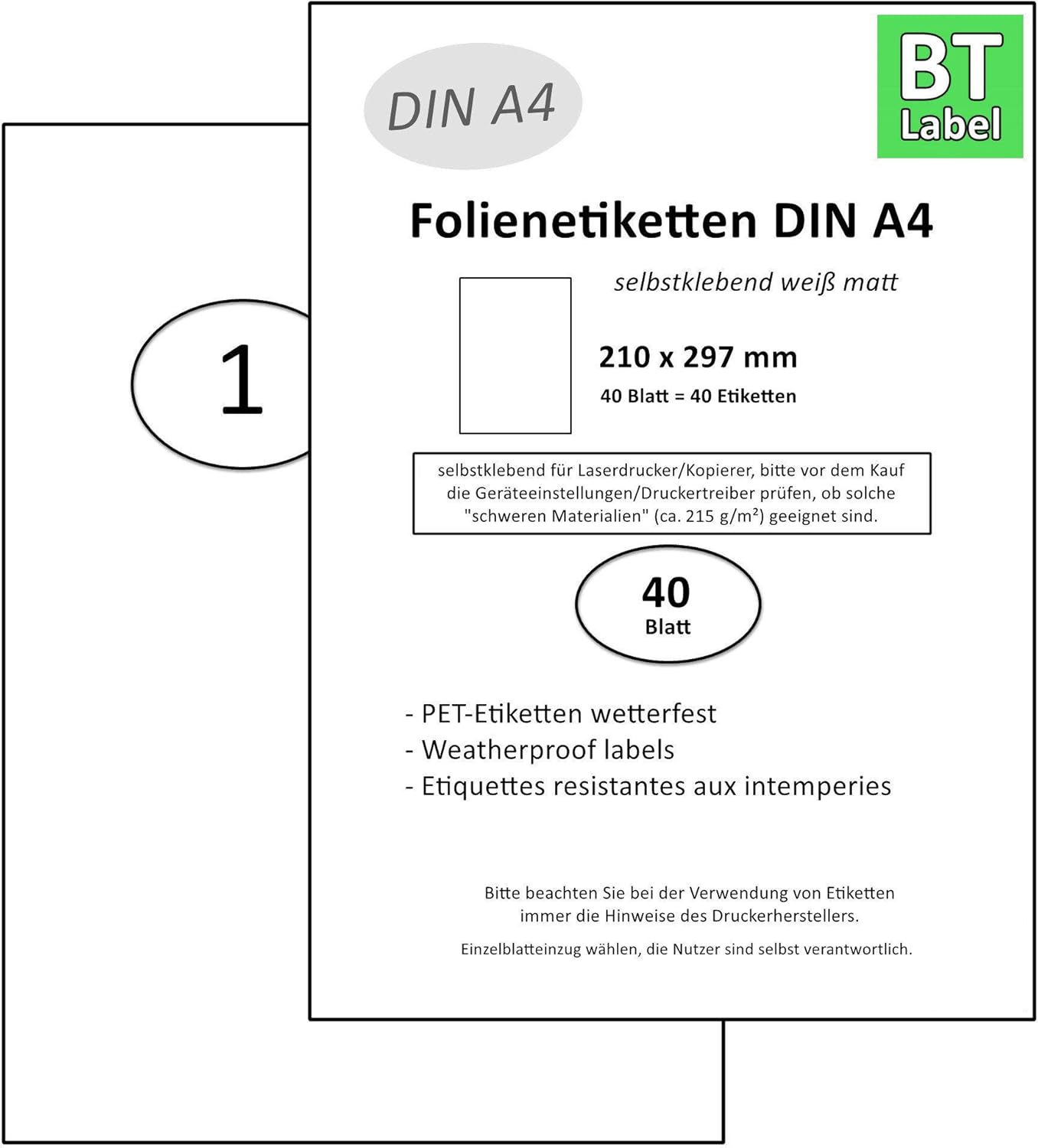 BT-Label 20 DIN A4 Adhesive Labels Weatherproof 210 x 297 mm B : Amazon ...