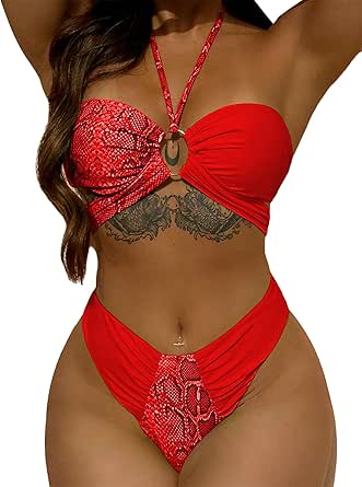 Amazon.com: GORGLITTER Women's 2 Piece Snakeskin Print Bikini Set High Cut Thong Swimsuit Color ...