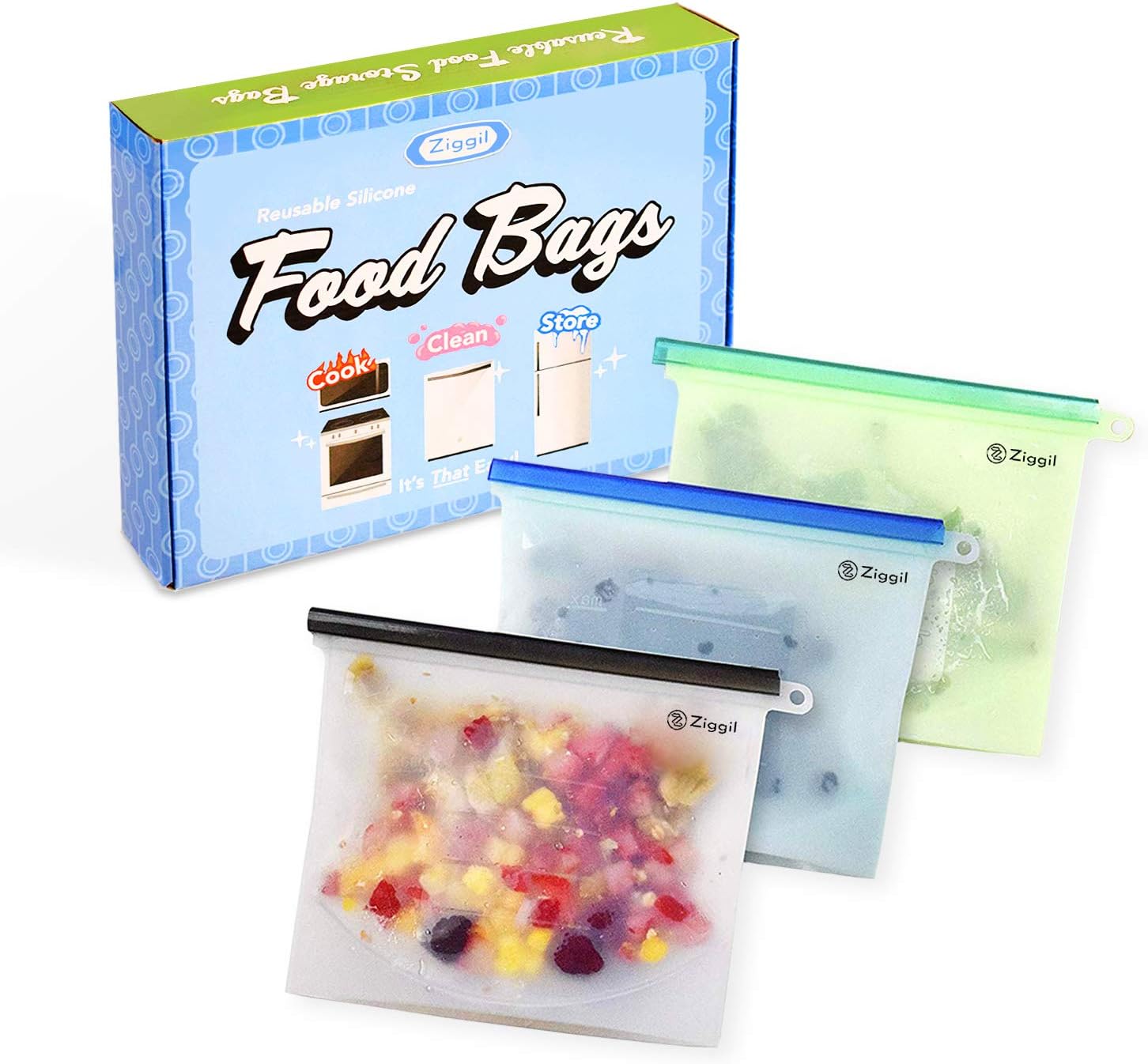 Amazon.com: Reusable silicone food storage bag set of 3: Home & Kitchen