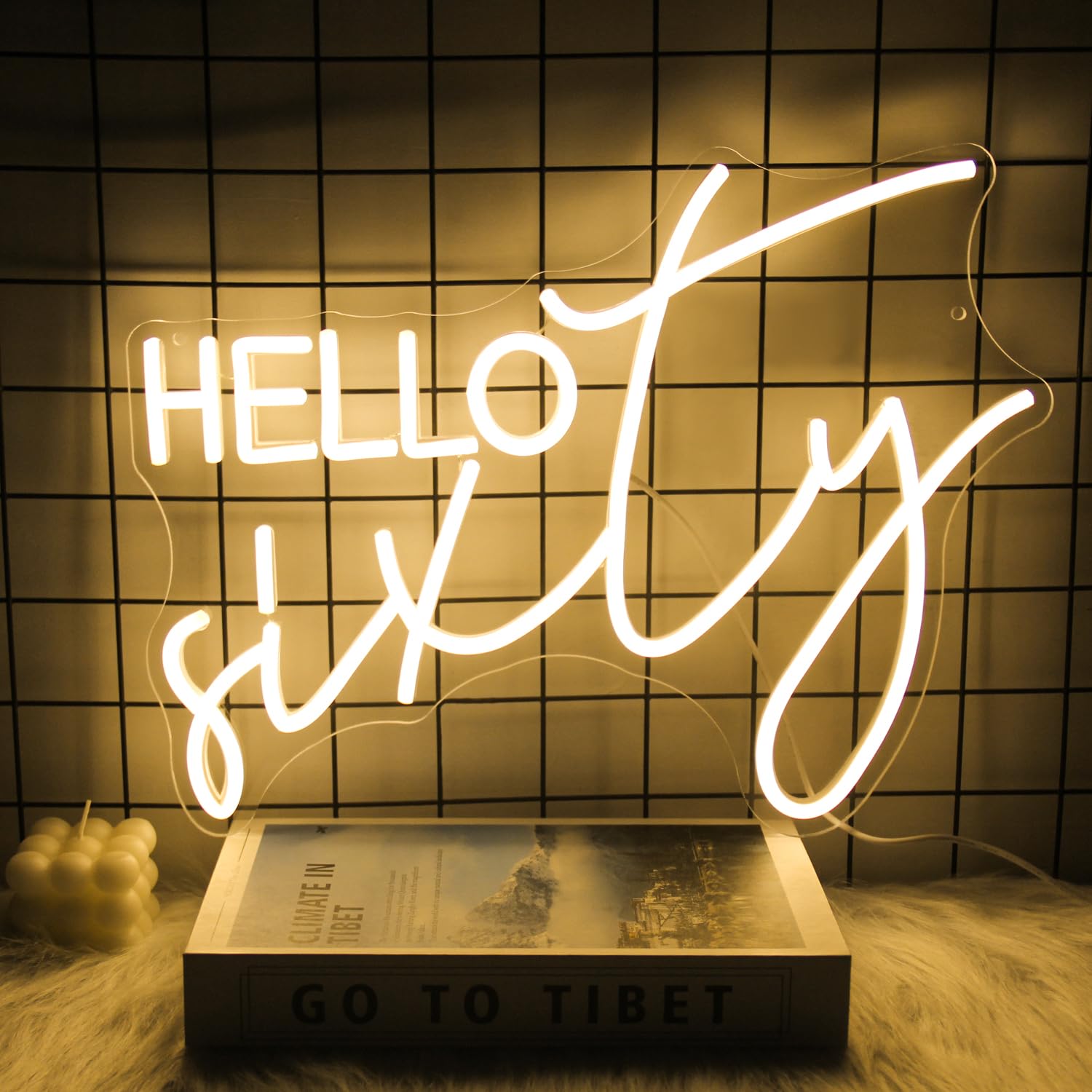 Kullneon Hello Sixty Neon Sign Happy 60th Birthday LED Signs Warm White 60 Years Dimmable Neon ...