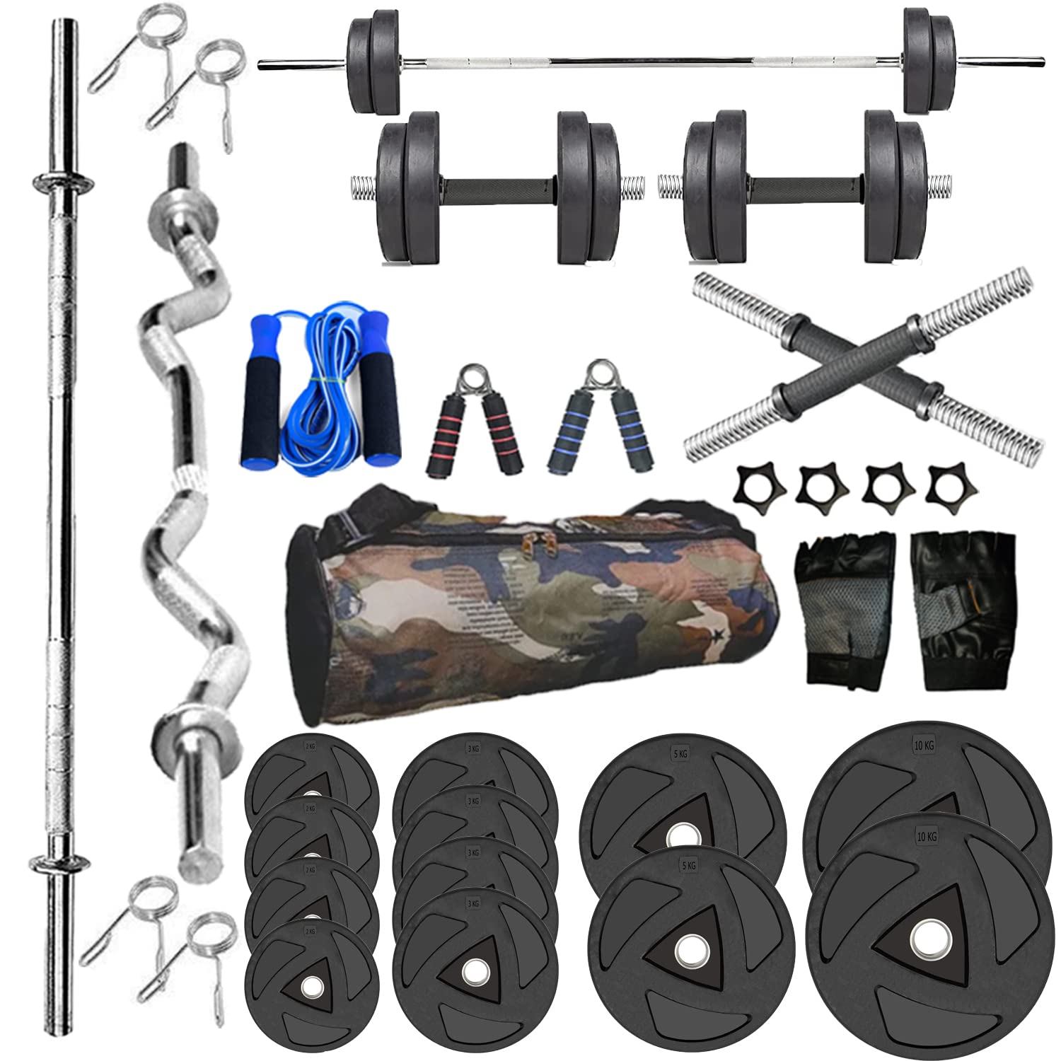 SX Fitness Home Gym Set 40 Kg Weight Rubber Plates with 3Ft Curl & 5Ft ...