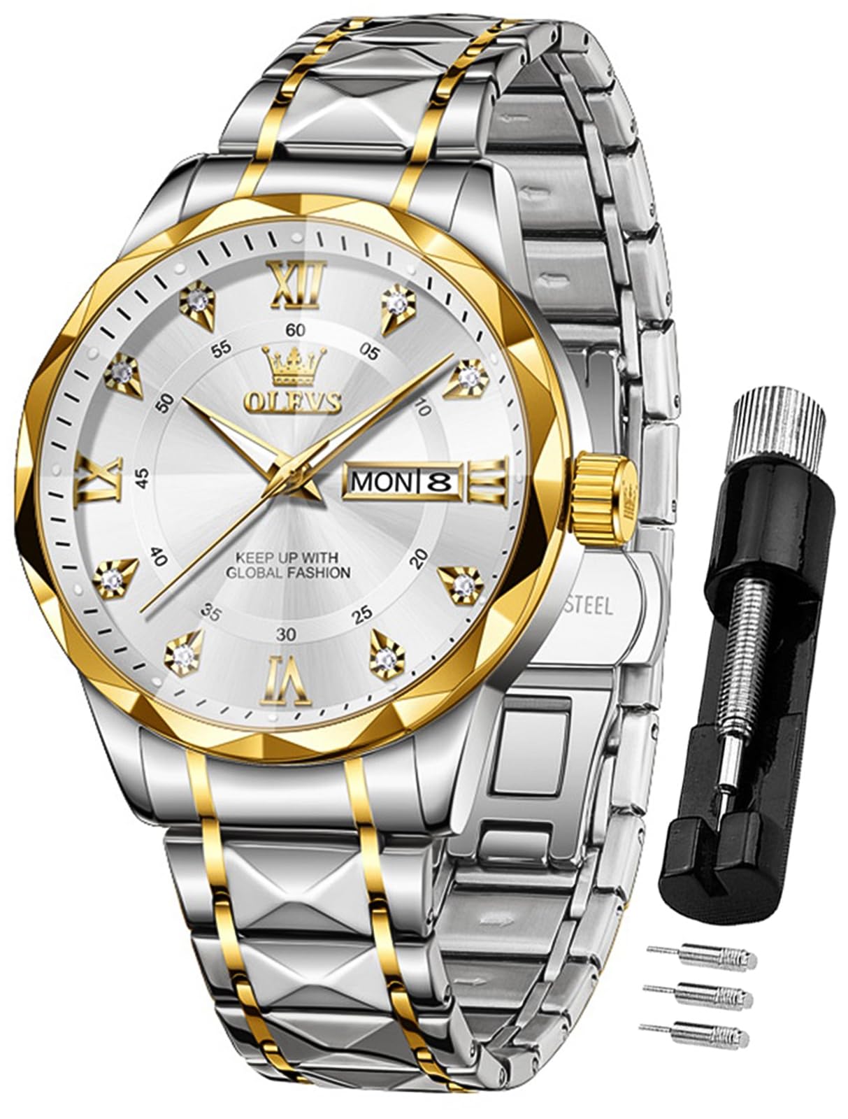 OLEVS Reloj para Hombre, Diamante, Lujo, Casual, Fecha, Día, Acero Inoxidable, Resistente al ...