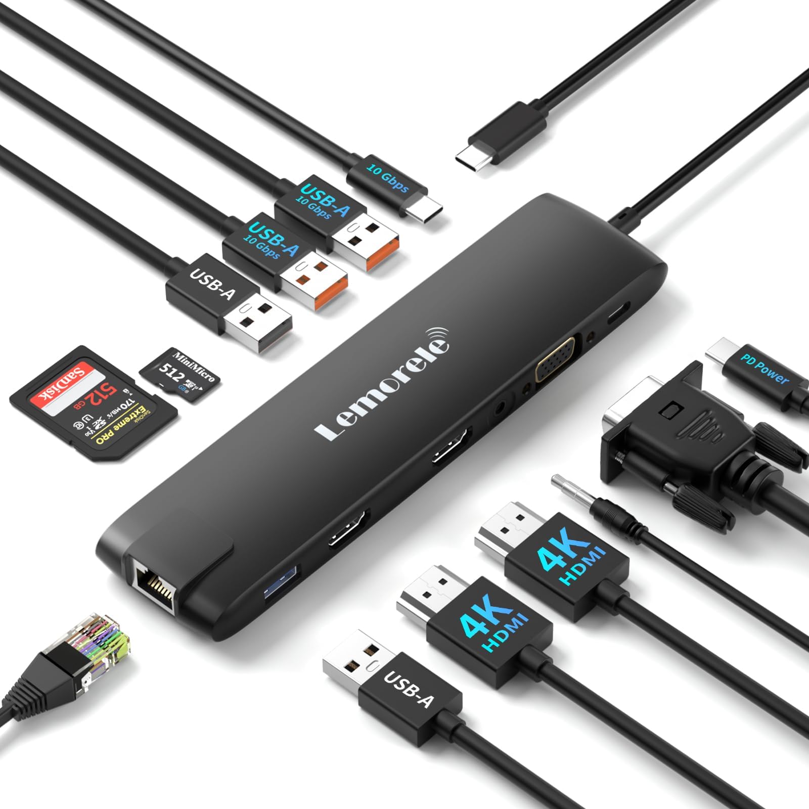 Lemorele 13-in-1 USB C Hub Dual 4K HDMI Docking Station with VGA Port ...