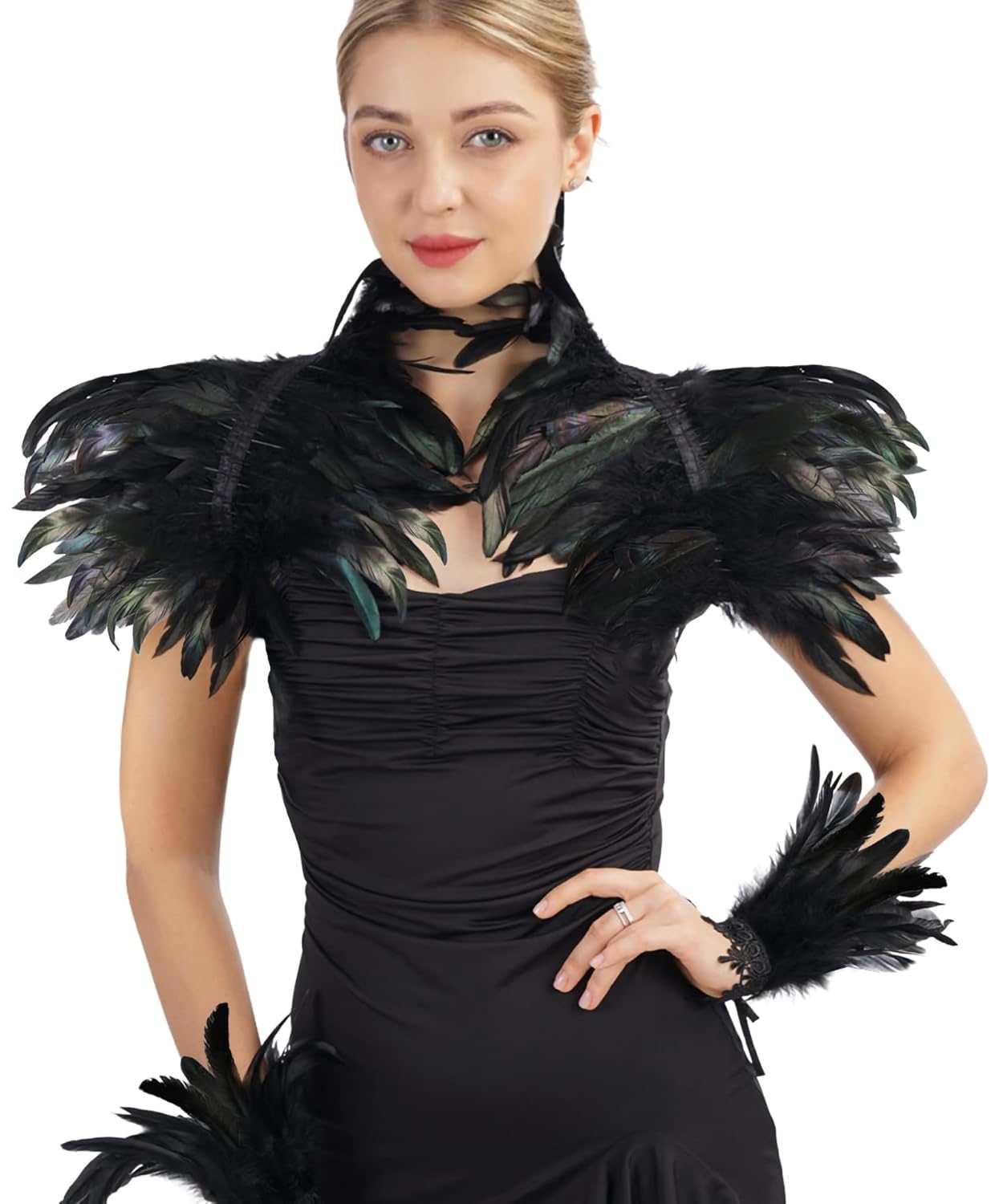 Buy Women' Natural Feather Shrug Cape Shawls with 2 Pack Feather Gloves ...