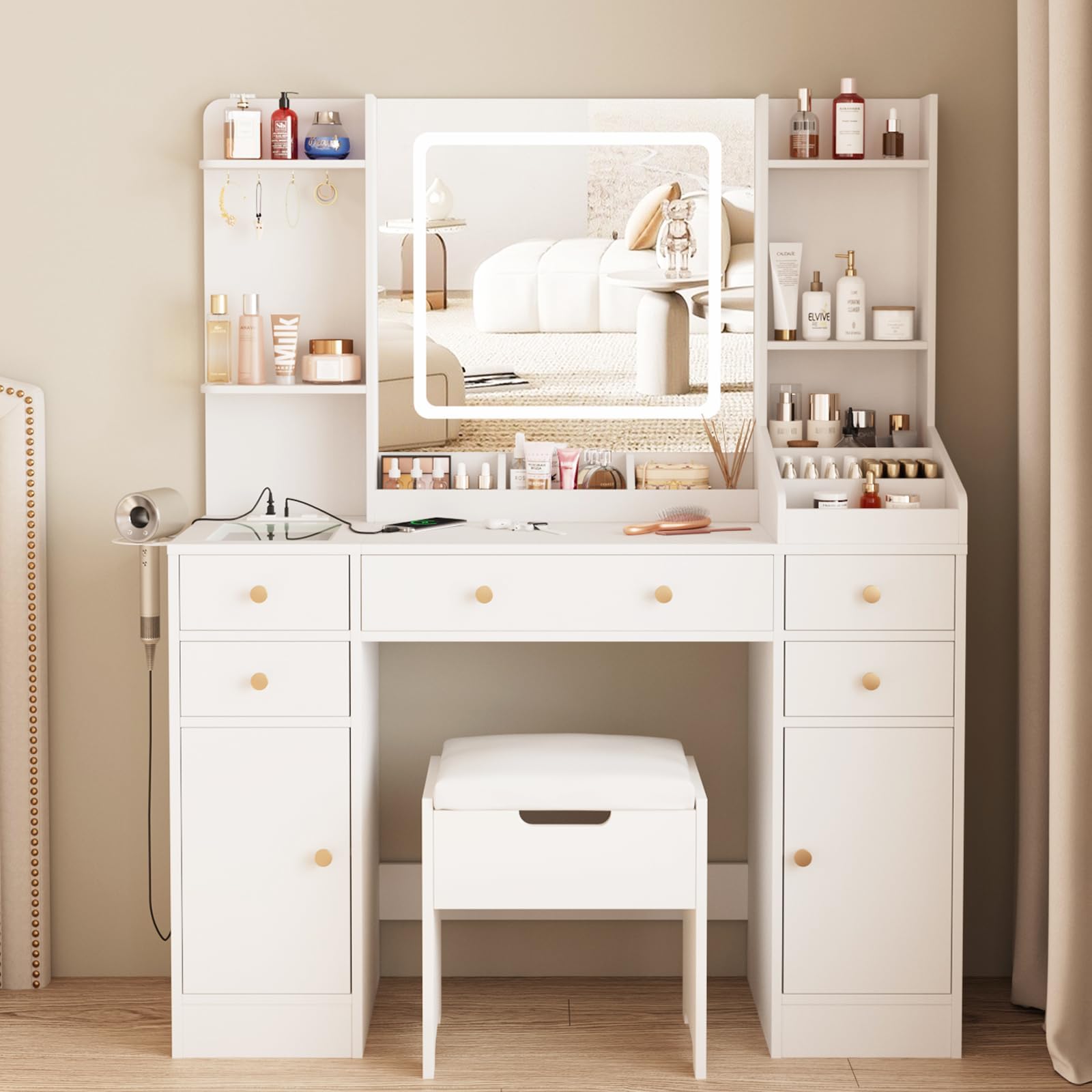 Amazon.com: Vabches White Vanity Desk, Makeup Vanity Desk with Mirror ...