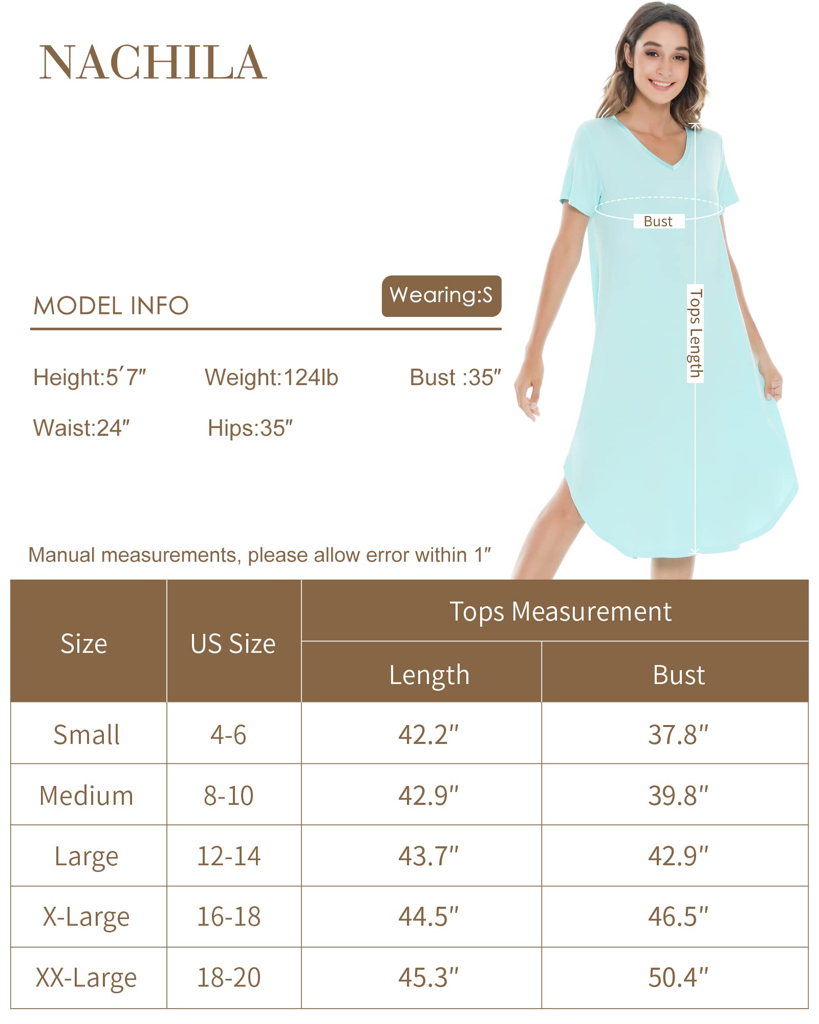 NACHILA Nightgowns for Women-Viscose Made from Bamboo, V Neck ...
