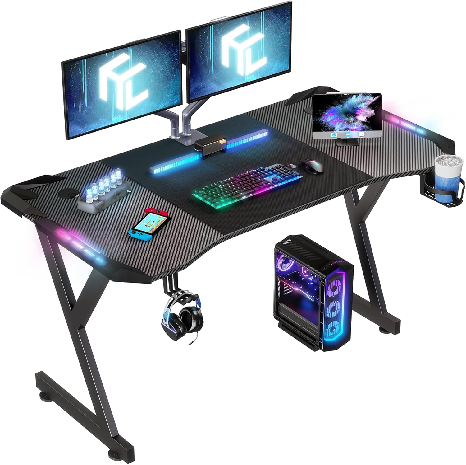 DLONGONE 140x60cm Gaming Desk with LED Lights, Computer Gaming Desk ...