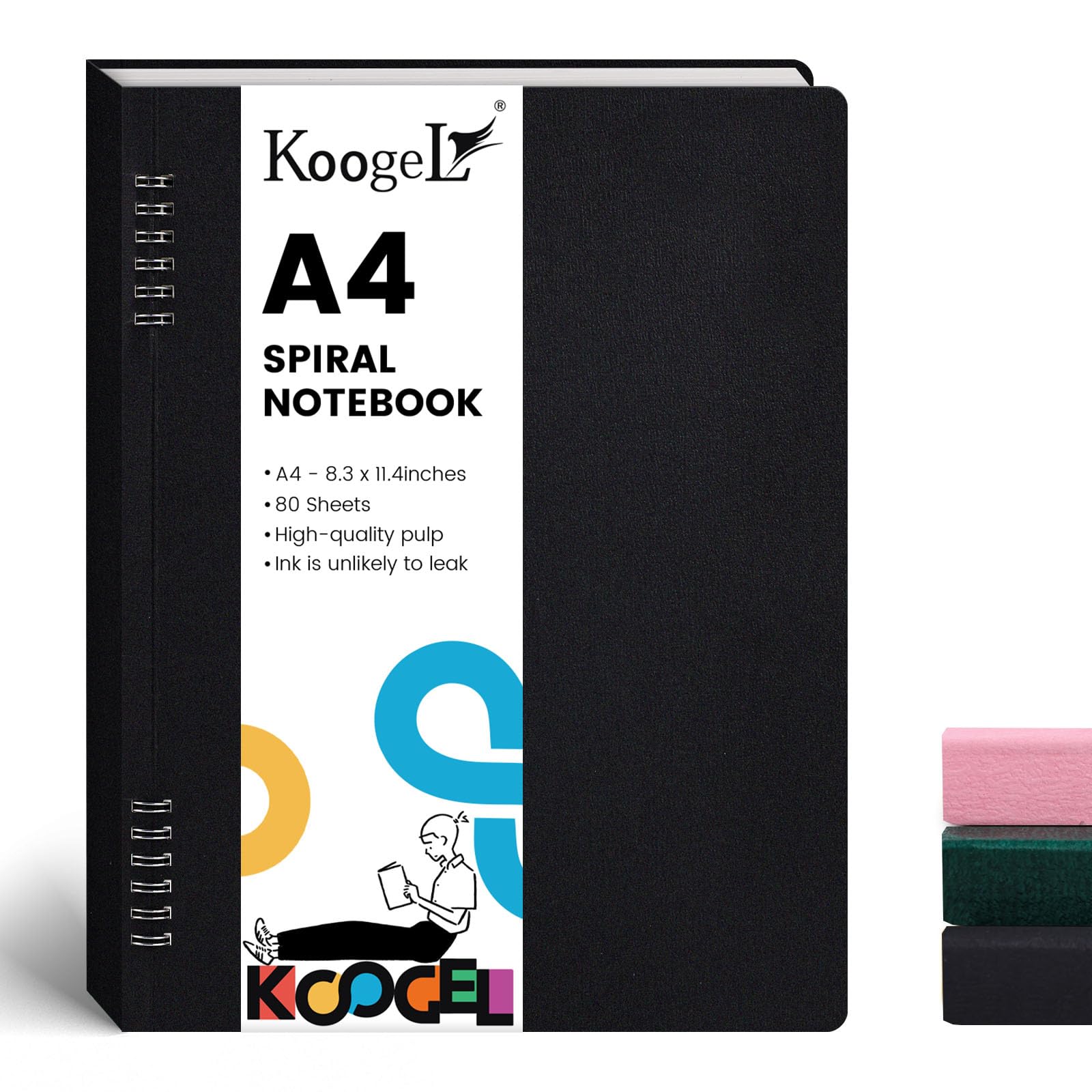 Amazon.com : Koogel A4 Spiral Notebook Black, College Ruled Spiral ...