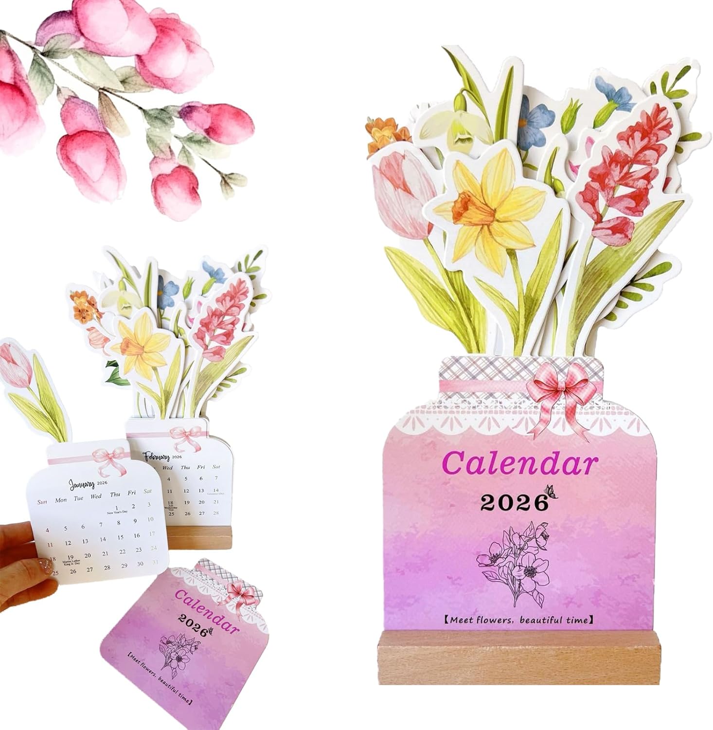 Amazon.com : Bloomy Flowers Desk Calendar 2026 new - Mini Standing ...