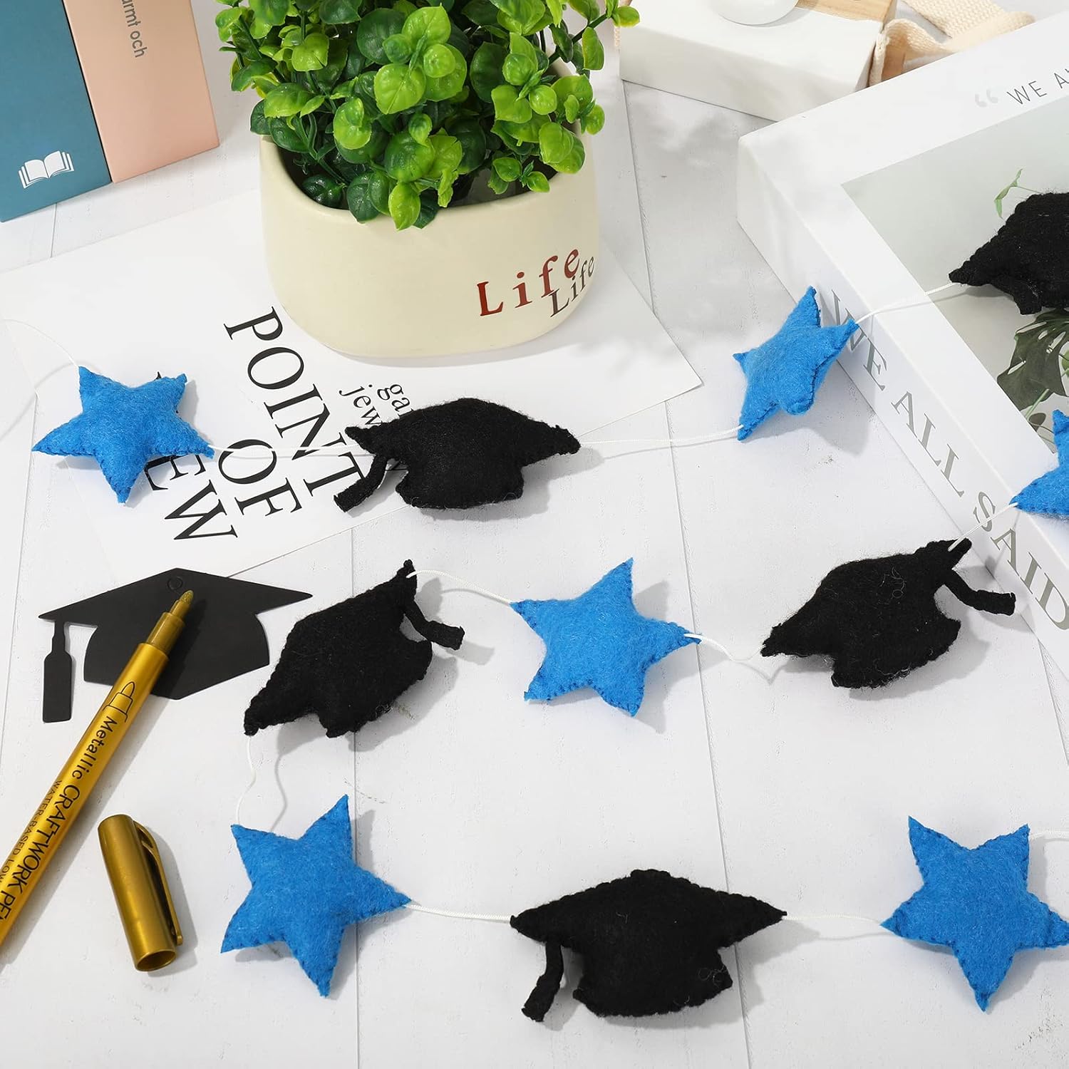 Amazon.com: Whalin Graduation Cap Felt Ball Garland 3D Graduation Hat ...