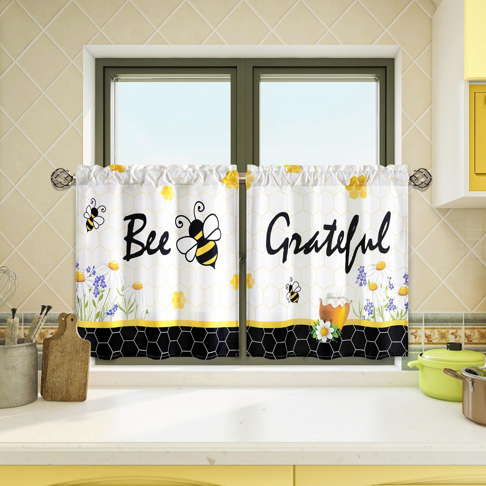 Amazon.com: ASPMIZ Bee Kitchen Curtains for Windows, Daisy Half Window Curtains for Kitchen ...